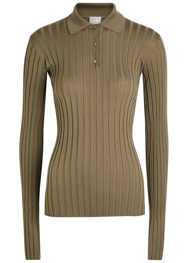 Calvin Klein Ribbed Wool Polo Top - Sage