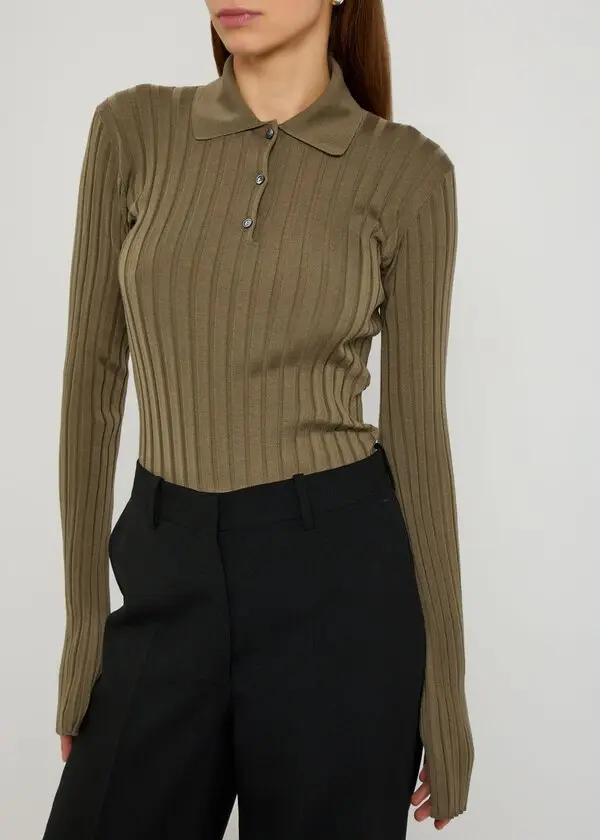 Calvin Klein Ribbed Wool Polo Top - Sage