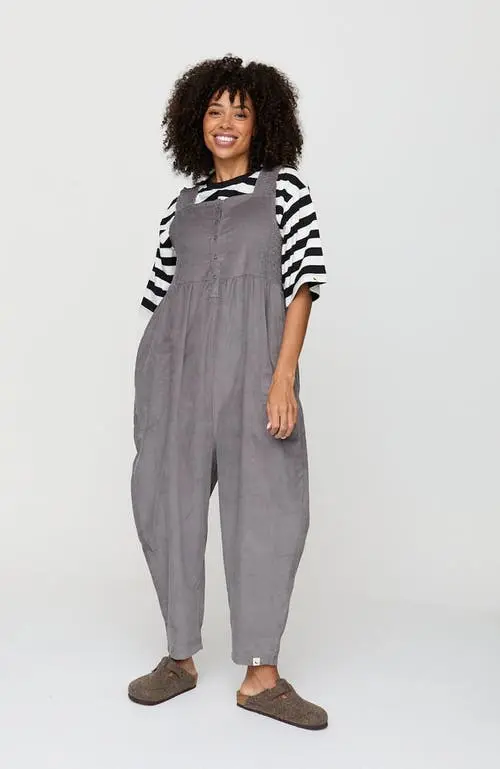 TURTLEDOVE LONDON Smocked Pinstripe Denim Jumpsuit - Grey