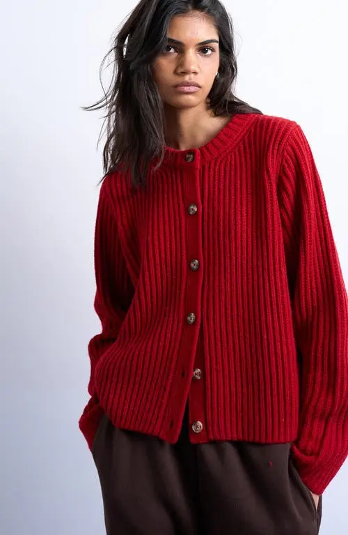 Topshop Ribbed Knit Cardigan - Red