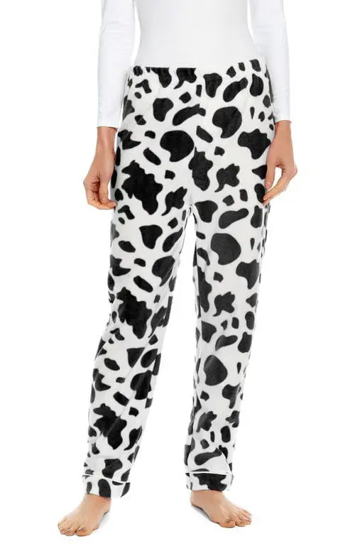 LEVERET Fleece Printed Holiday Pajama Pants - Cow Black