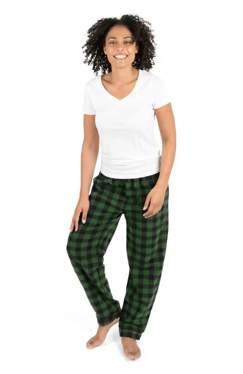 LEVERET Fleece Printed Holiday Pajama Pants - Plaid Black & Green