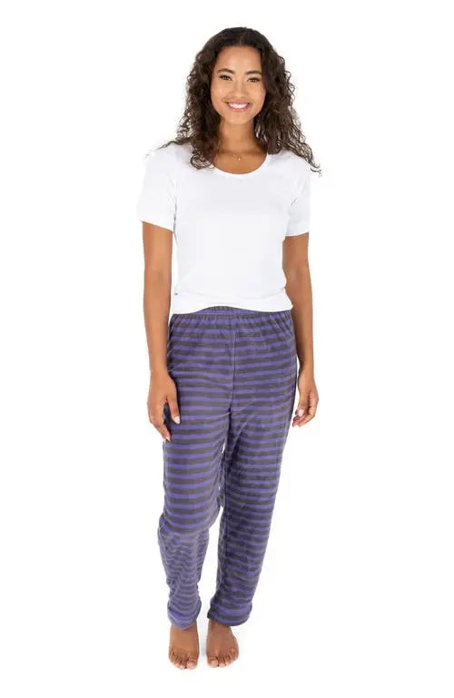 LEVERET Fleece Printed Holiday Pajama Pants - Striped Purple & Gray