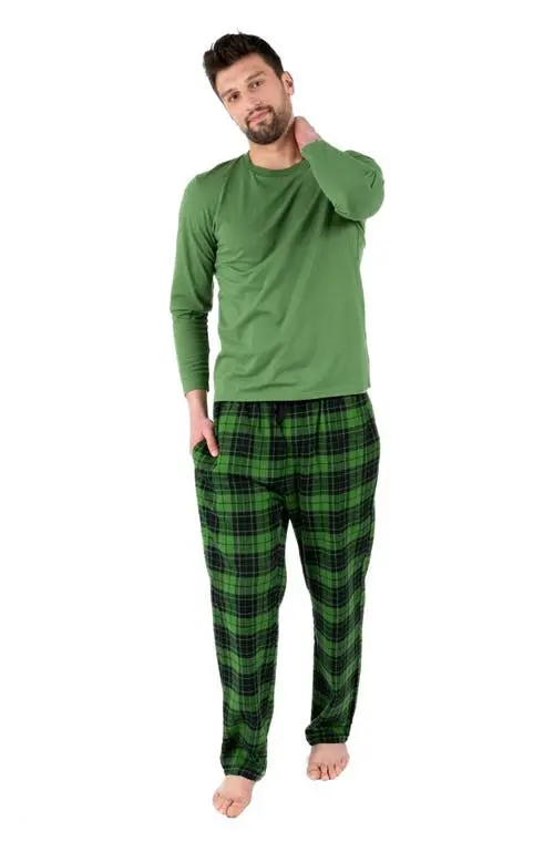 LEVERET Cotton Top & Flannel Pants Printed Holiday Pajama Set - Plaid Black & Green
