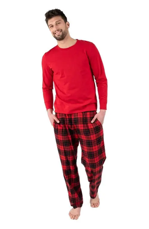 LEVERET Cotton Top & Flannel Pants Printed Holiday Pajama Set - Plaid Black & Red