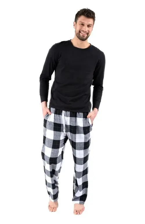 LEVERET Cotton Top & Flannel Pants Printed Holiday Pajama Set - Plaid Black & White