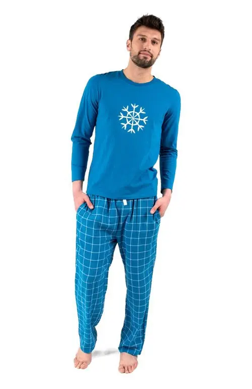 LEVERET Cotton Top & Flannel Pants Printed Holiday Pajama Set - Snowflake