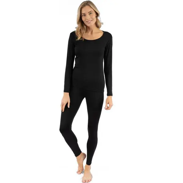 LEVERET Two-piece Thermal Long Sleeve Solid Pajamas - Black