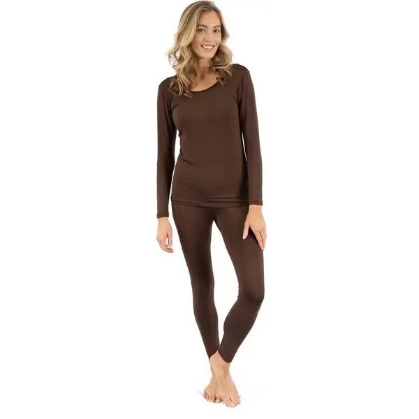 LEVERET Solid Thermal Pajama Set - Brown