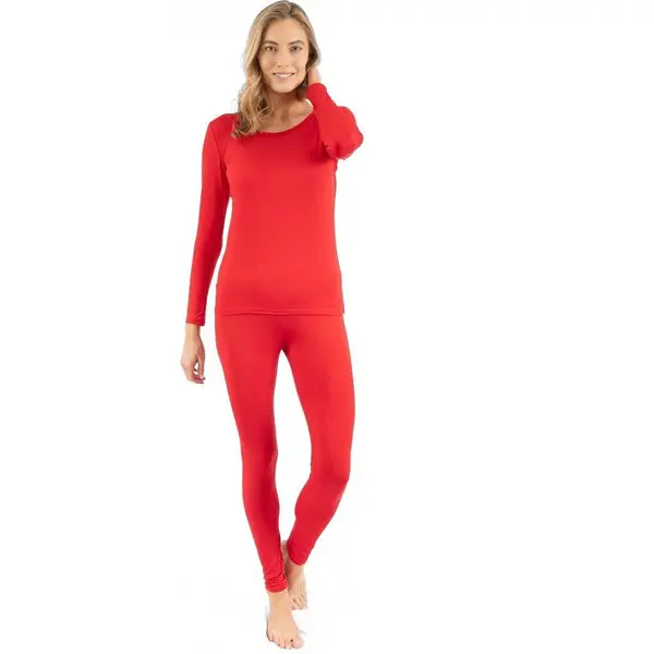 LEVERET Two-piece Thermal Long Sleeve Solid Pajamas - Red