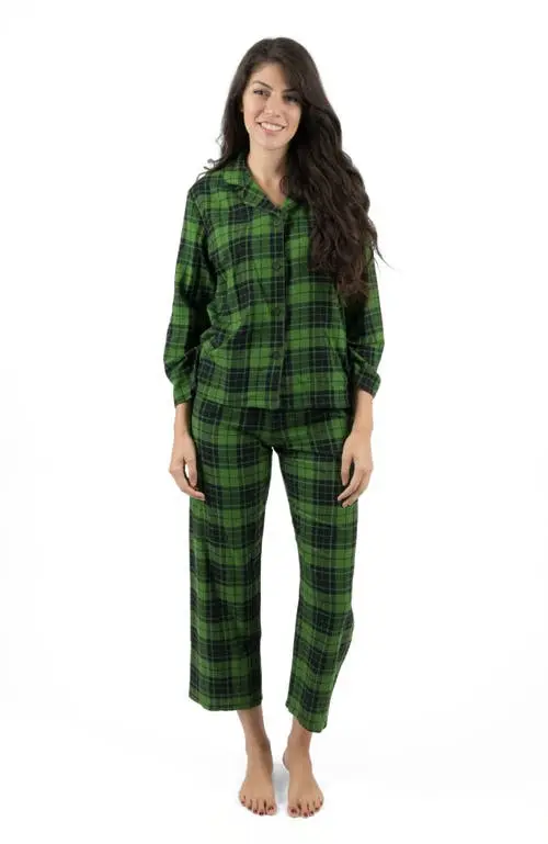 LEVERET Cotton Flannel Printed Holiday Pajama Set - Plaid Black & Green
