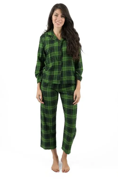 LEVERET Cotton Flannel Printed Holiday Pajama Set - Plaid Black & Green