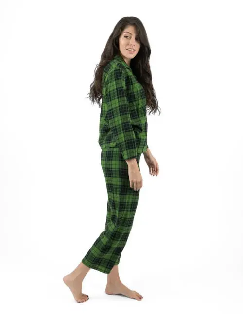 LEVERET Cotton Flannel Printed Holiday Pajama Set - Plaid Black & Green