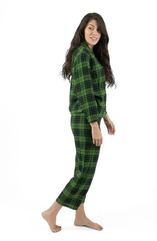 LEVERET Cotton Flannel Printed Holiday Pajama Set - Plaid Black & Green
