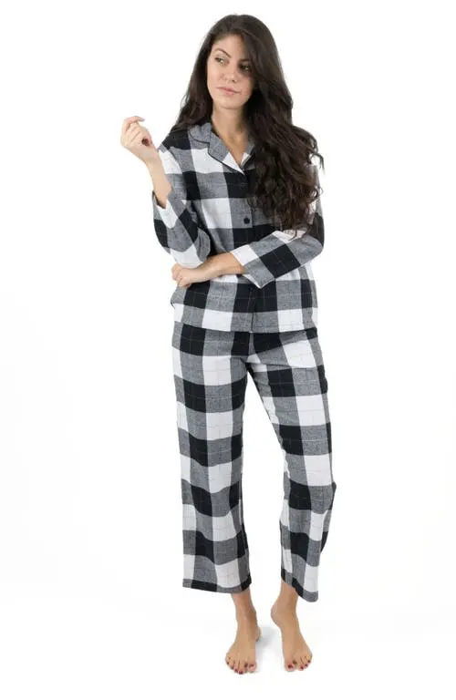 LEVERET Cotton Flannel Printed Holiday Pajama Set - Plaid Black & White