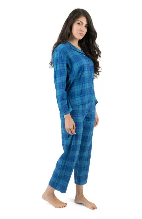 LEVERET Cotton Flannel Printed Holiday Pajama Set - Plaid Blue & Navy