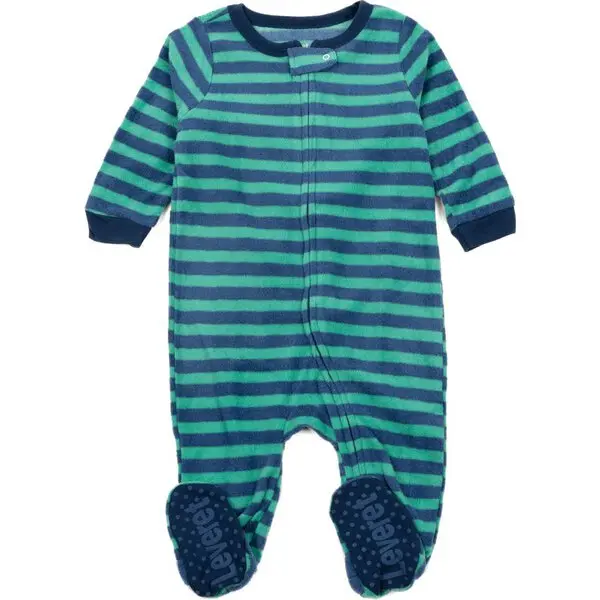 LEVERET Printed Footed Fleece Pajamas - Striped Blue & Green