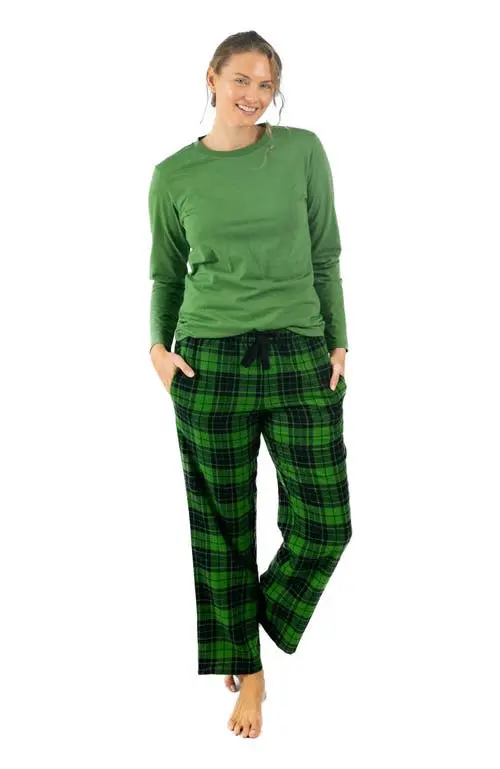LEVERET Cotton Top & Flannel Pants Printed Holiday Pajama Set - Plaid Black & Green