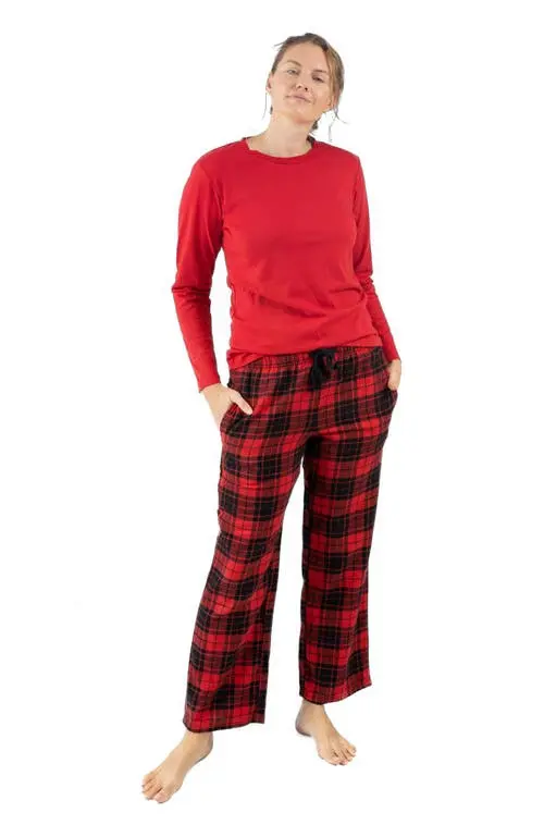 LEVERET Cotton Top & Flannel Pants Printed Holiday Pajama Set - Plaid Black & Red