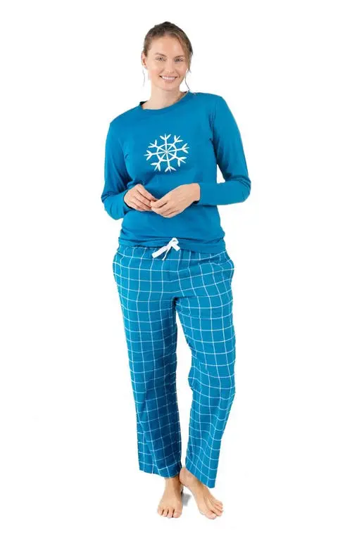 LEVERET Cotton Top & Flannel Pants Printed Holiday Pajama Set - Snowflake
