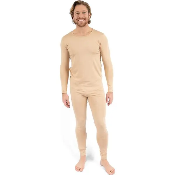 LEVERET Two-piece Thermal Long Sleeve Solid Pajamas - Beige