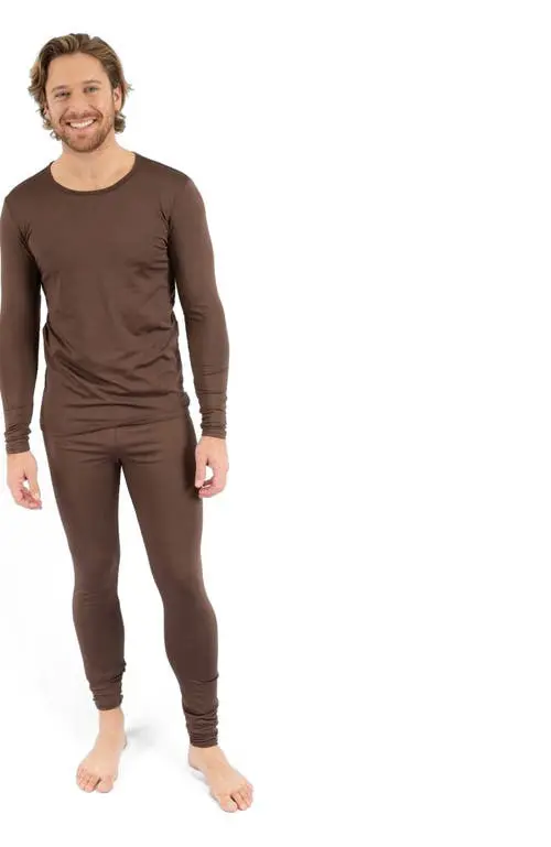 LEVERET Two-piece Thermal Long Sleeve Solid Pajamas - Brown