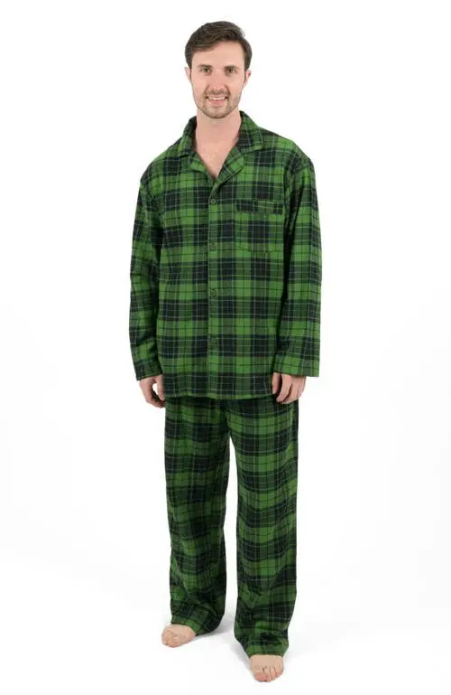 LEVERET Cotton Flannel Printed Holiday Pajama Set - Plaid Black & Green