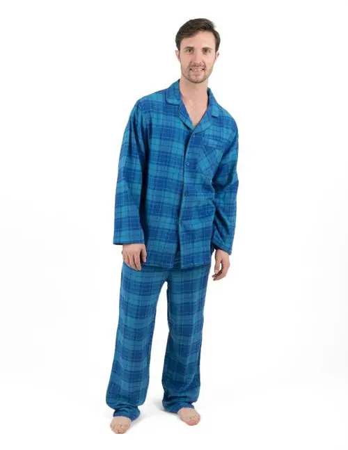 LEVERET Cotton Flannel Printed Holiday Pajama Set - Plaid Blue & Navy