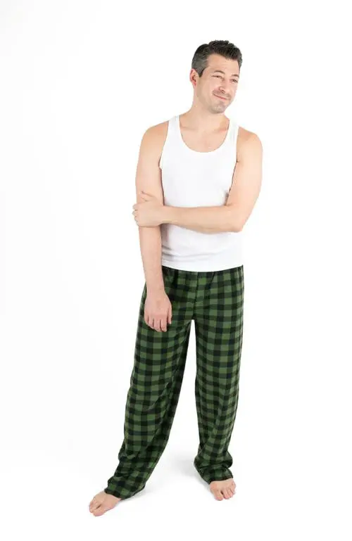 LEVERET Fleece Printed Holiday Pajama Pants - Plaid Black & Green