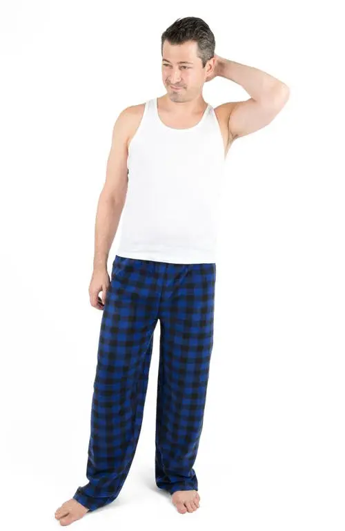 LEVERET Fleece Printed Holiday Pajama Pants - Plaid Black & Navy