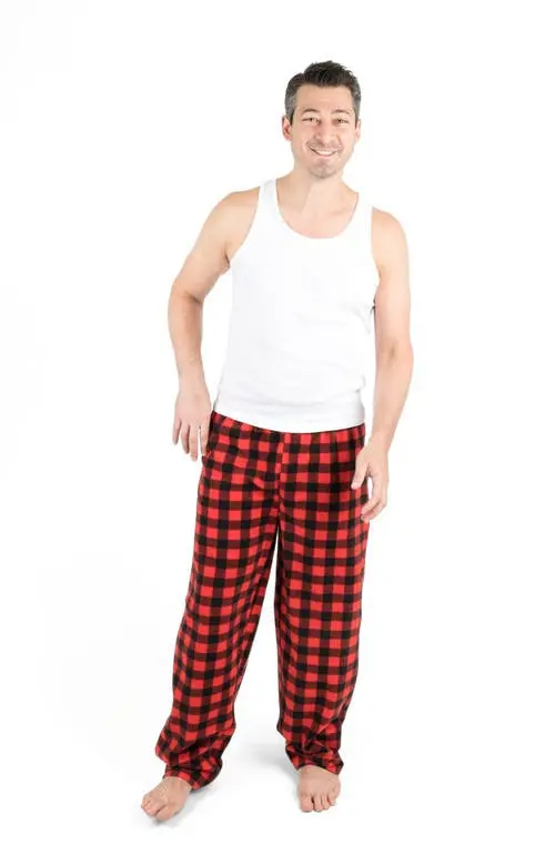 LEVERET Fleece Printed Holiday Pajama Pants - Plaid Black & Red