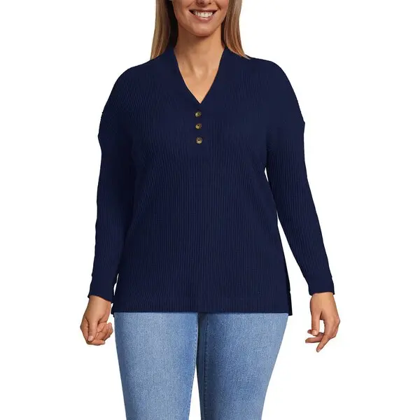 LANDS' END Long Sleeve Waffle Henley - Deep Sea Navy