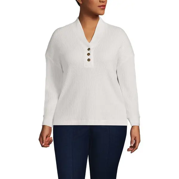 LANDS' END Long Sleeve Waffle Henley - Ivory