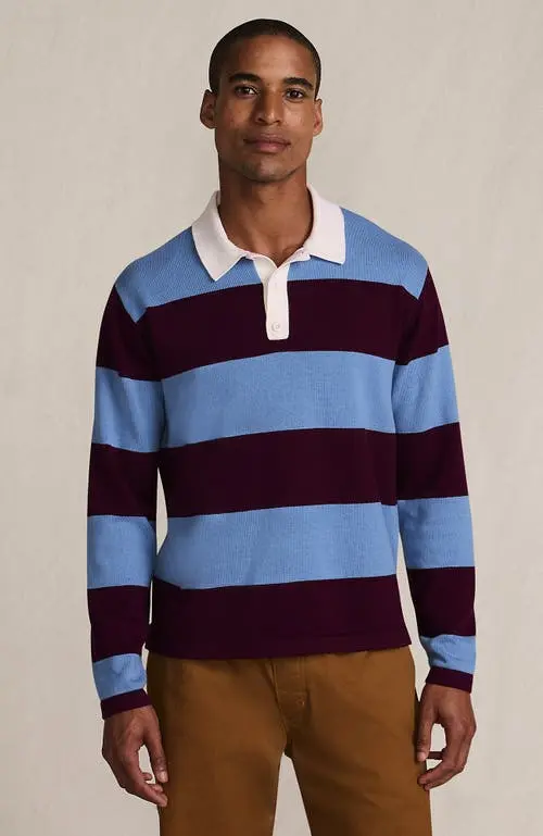 LANDS' END Long Sleeve Cotton Rugby Sweater Polo - Burgundy/persian Blue Stripe