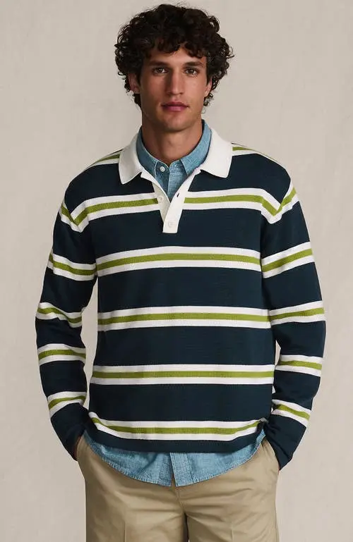 LANDS' END Long Sleeve Cotton Rugby Sweater Polo - French Navy/lime Stripe