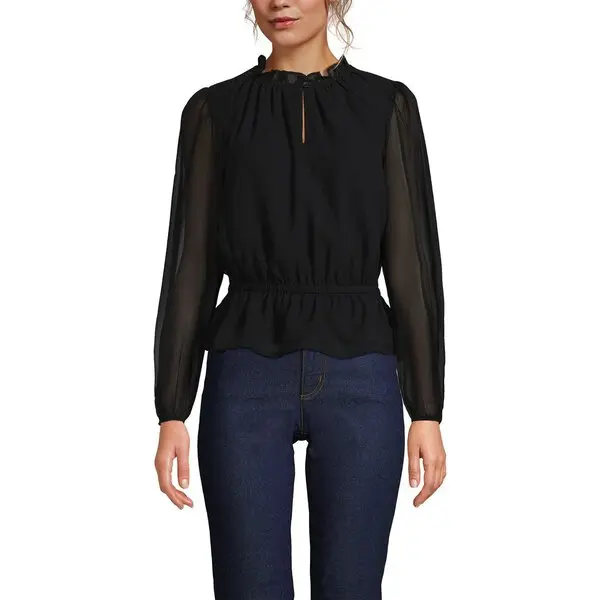 LANDS' END Chiffon Peplum Top - Black