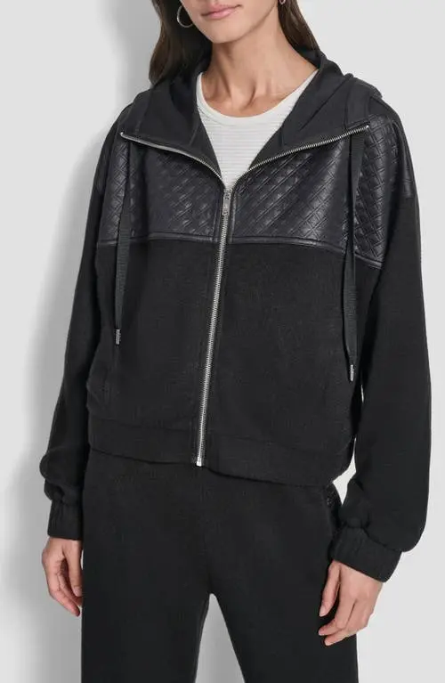 Dkny Mixed Media Zip-up Hooded Jacket - Black/black