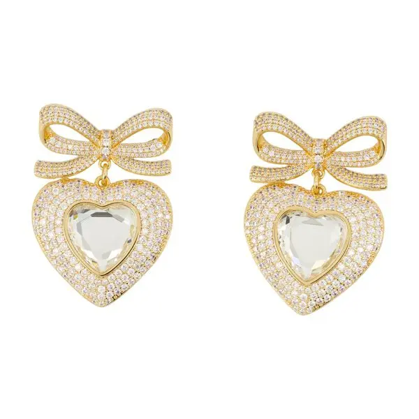 SELF-PORTRAIT Bow And Heart Crystal Earrings - Gold
