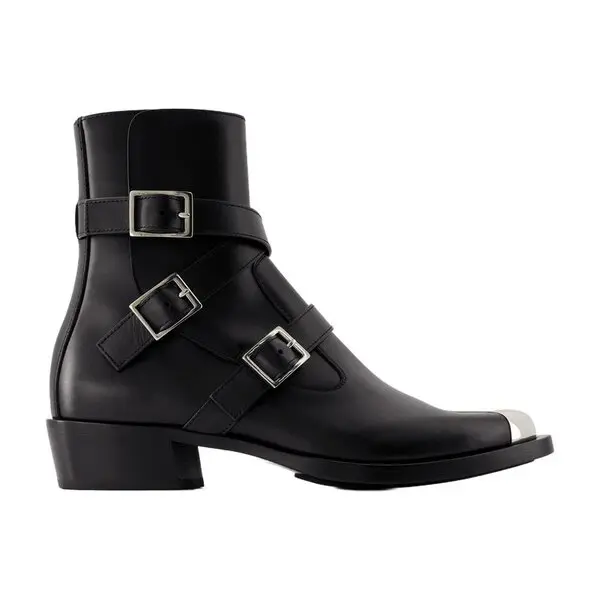 Alexander McQueen Leather Ankle Boots With Silver Tone Detailing