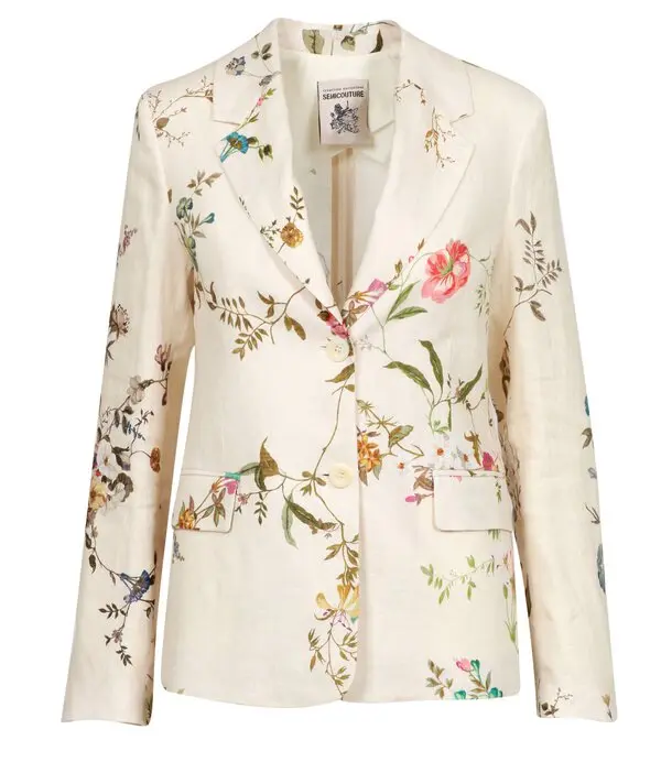 SEMICOUTURE Floral Linen Blazer - Cream
