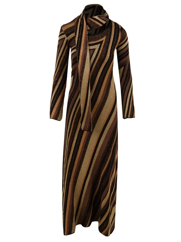 AKEP Striped Maxi Dress With Tie Neck