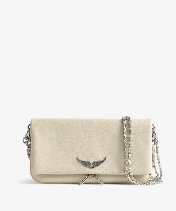 Zadig&Voltaire Grained Leather Clutch With Chains And Rhinestone Wings - Beige