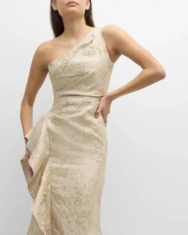 Rickie Freeman For Teri Jon One-shoulder Jacquard Gown - Gold