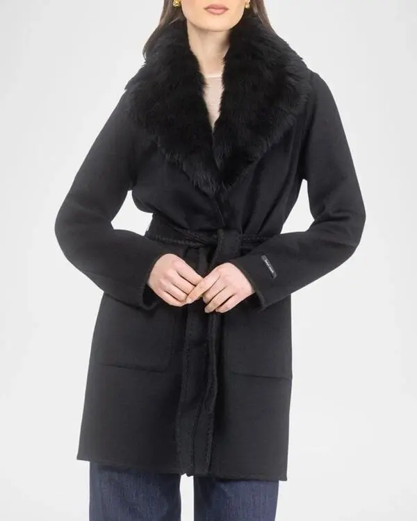 Gorski Belted Cashmere-wool Stroller With Detachable Shearling Collar - Black