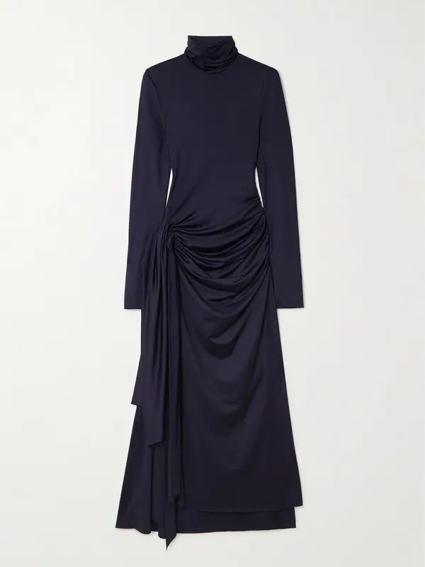 Victoria Beckham Gathered Draped Jersey Turtleneck Midi Dress