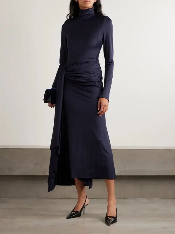 Victoria Beckham Gathered Draped Jersey Turtleneck Midi Dress