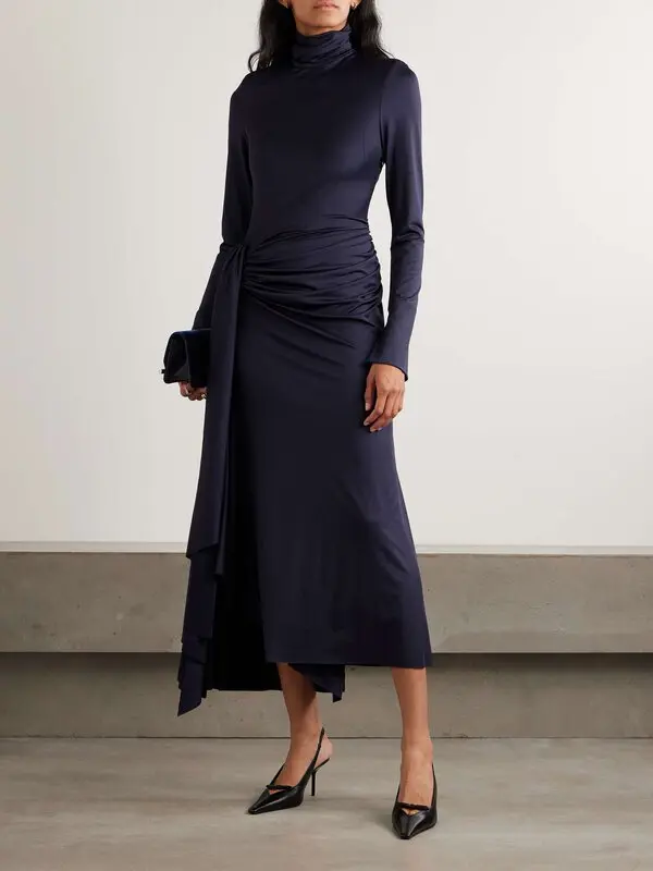 Victoria Beckham - Gathered Draped Jersey Turtleneck Midi Dress