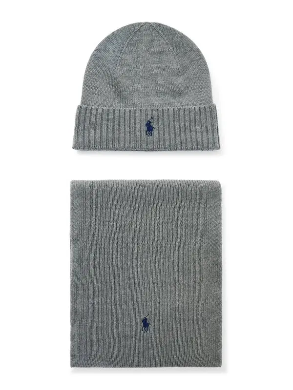 Ralph Lauren Ribbed Wool Beanie And Scarf Set - Gray