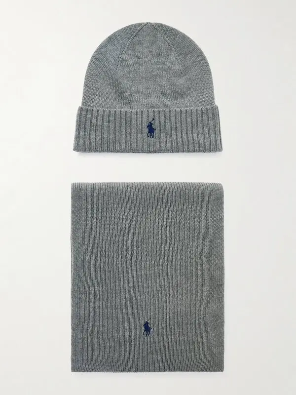 Polo Ralph Lauren Ribbed Wool Beanie And Scarf Set - Gray