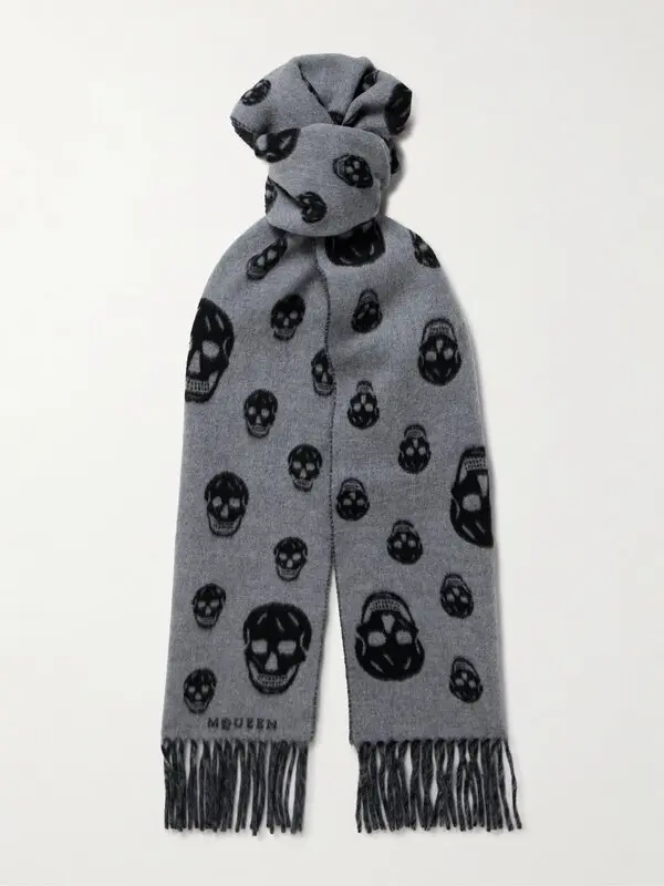 Alexander McQueen Fringed Intarsia-knit Wool And Cashmere-blend Scarf - Gray
